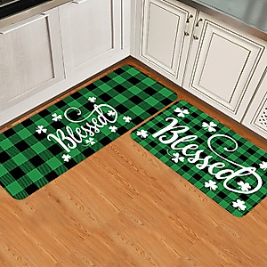 2 Pcs St Patricks Day Kitchen Rug Set, Non-Slip Kitchen Mats and Rugs Comfort Floor Door Mat Doormat, Irish Spring Shamrock Saint Black Green Buffalo Plaid Throw Bath Runner Rug Mat Extra Long
