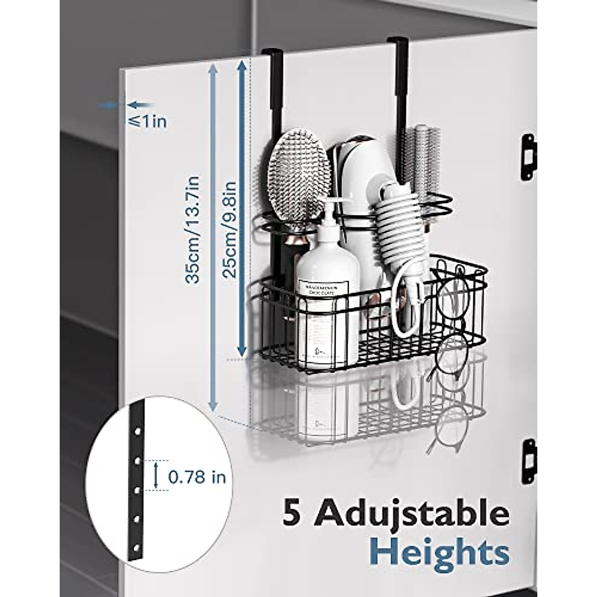 Hair Tool Organizer, ULG Hair Dryer Holder Over Cabinet or Wall Mount, Bathroom Organizer Under Sink with 5 Adjustable Heights and 3 Compartments for Hair Dryer, Curling Wand, Hair Straightener(Black)