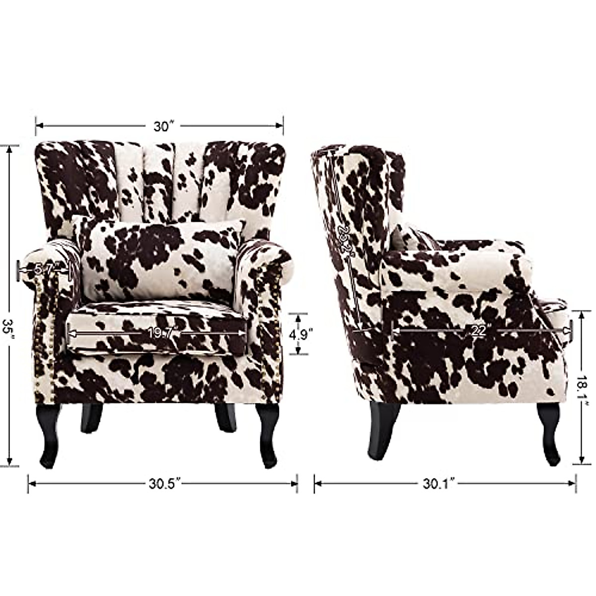 DM Furniture DM-Furniture Cow Print Accent Chair Modern Tufted Wingback Armchair Club Chair Velvet Single Sofa Lounge Chair with Pillow for Living Room Bedroom, Cow