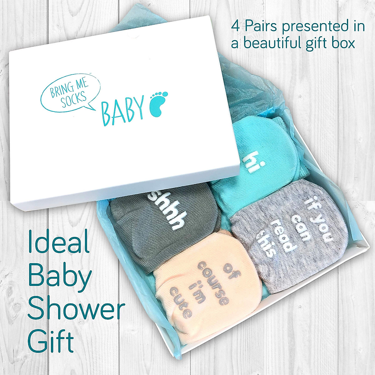 Baby Socks Gift Set - Unique Baby Shower or Newborn Gift - 4 Pairs of Cute Funny Quotes in Gift Box