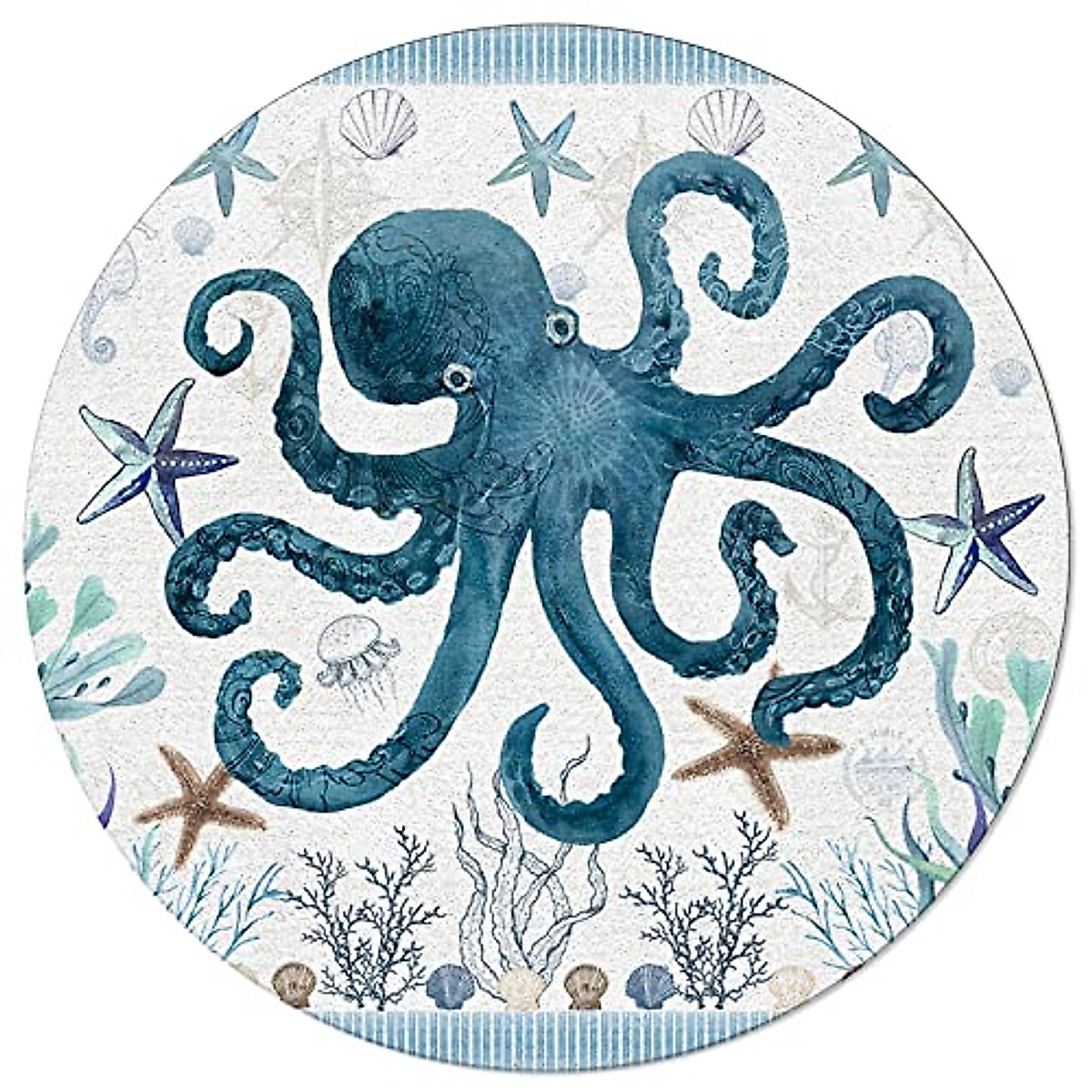 Ocean Octopus Round Area Rugs 5ft - Soft Area Rug for Kids Room, Blue Summer Beach Nautical Coastal Starfish Coral Machine Washable Living Room Circle Rugs, Non-Shedding Bedroom Carpet Floor Mat