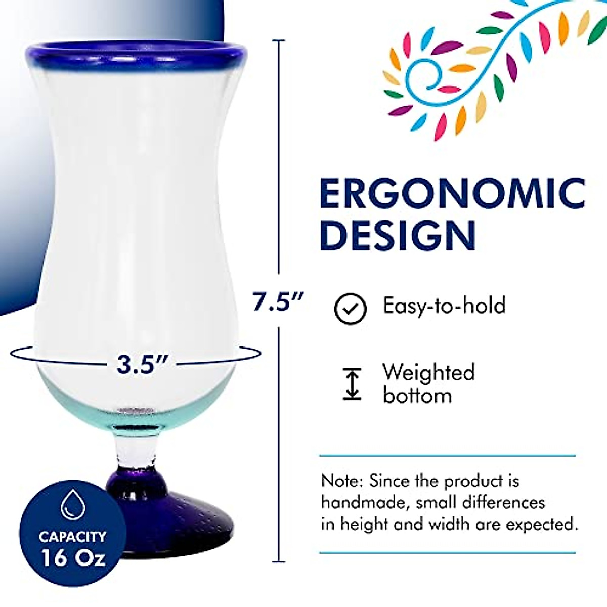 Amici Home Blue Rim Hurricane Glass | Set of 4 | Authentic Mexican Handmade Glassware | Bar Glasses for Pina Coladas, Cocktails, and Other Beverages | 16 Oz