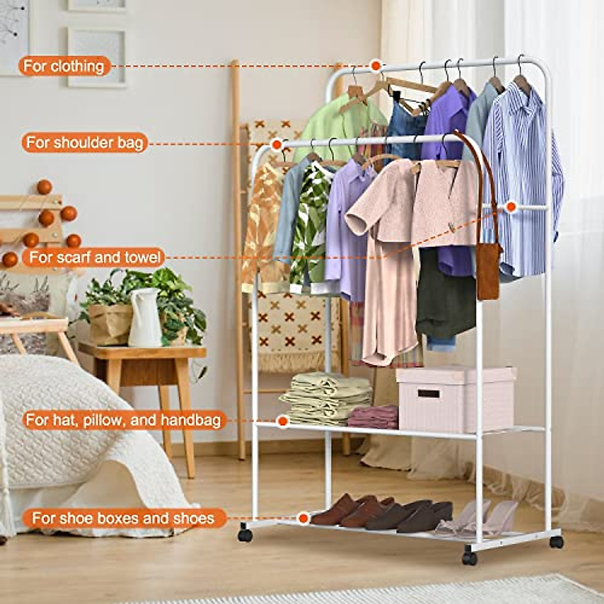 iMounTEK Garment Racks, Garment Hanging Rack Clothing Hanging Rail Pillow Shoe Display Organizer Stand Rolling Wheel Wardrobe Clothing Racks Clothes Organizer Shelves for Hanging Clothes for Bedroom
