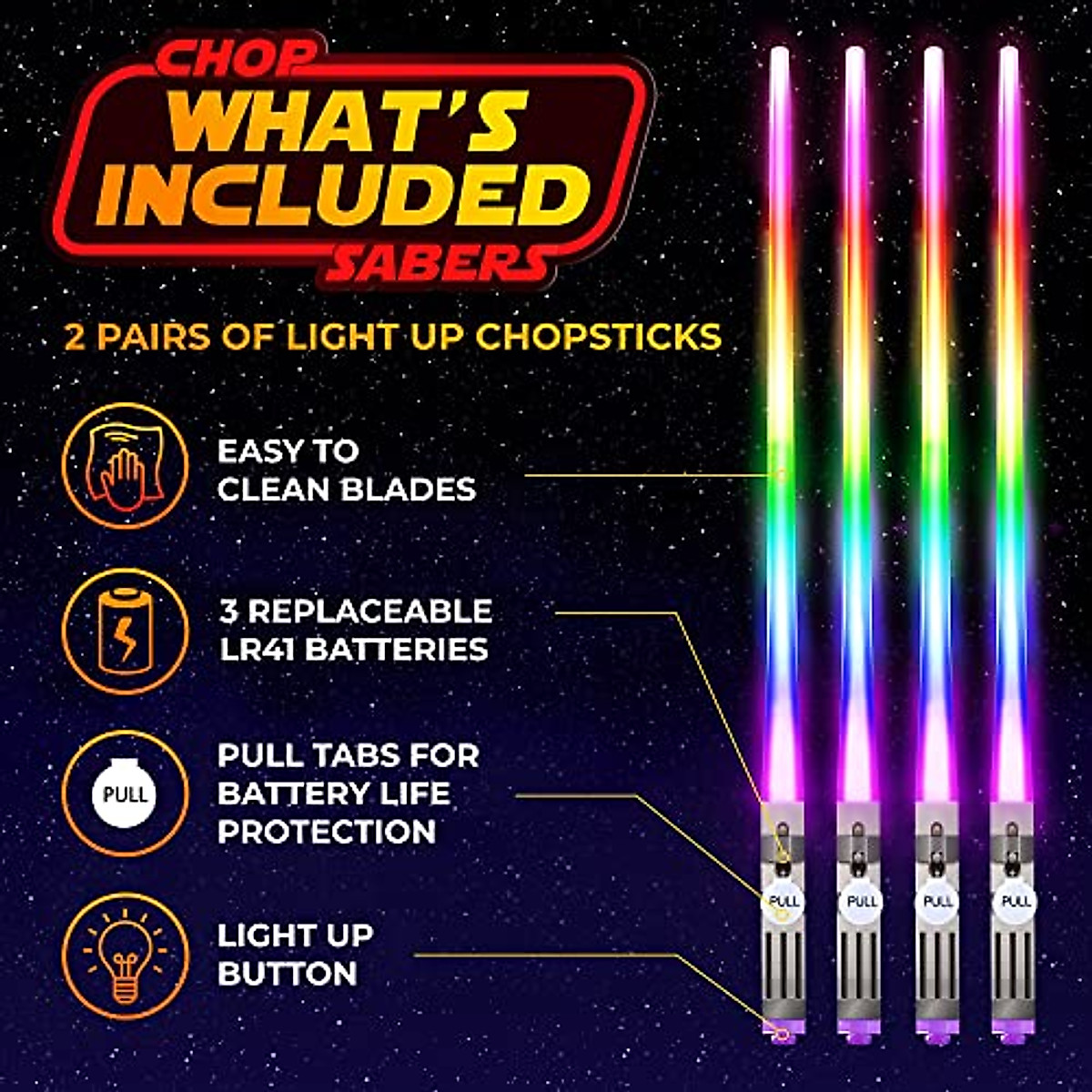 LIGHTSABER CHOPSTICKS LIGHT UP STAR WARS LED Glowing Light Saber Chop Sticks REUSABLE Sushi Lightup Sabers Bright LEDs - 8 Color Modes - 2 Pairs