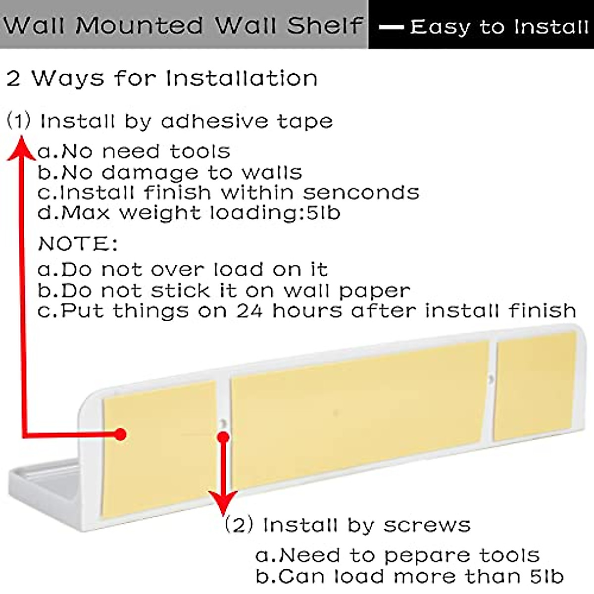 Wall Mounted Small Floating Shelf Stick On Wall Shelves for Bedroom,Kitchen,Bathroom Bedside Shelves to Display Speakers,Photo Frame,Watch,Keys,Cosmetics-Damage Free-Plastic-White(1Pcs/Set)