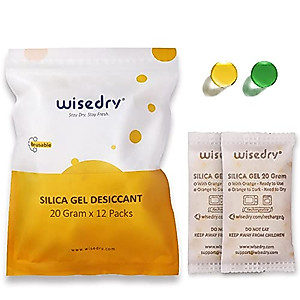 wisedry 20 Gram [12 Packs] Rechargeable Silica Gel Packets Microwave Fast Reactivate in 2MINS Moisture Absorber Desiccant Packs with Orange Indicating Beads Food Grade