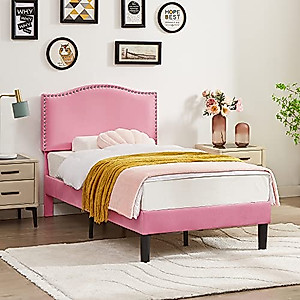 VECELO Twin Bed Frame Platform Bed Frame with Upholstered Headboard, Strong Frame and Wooden Slats Support, Strong Weight Capacity, Non-Slip and Noise-Free, Easy Assembly,Pink