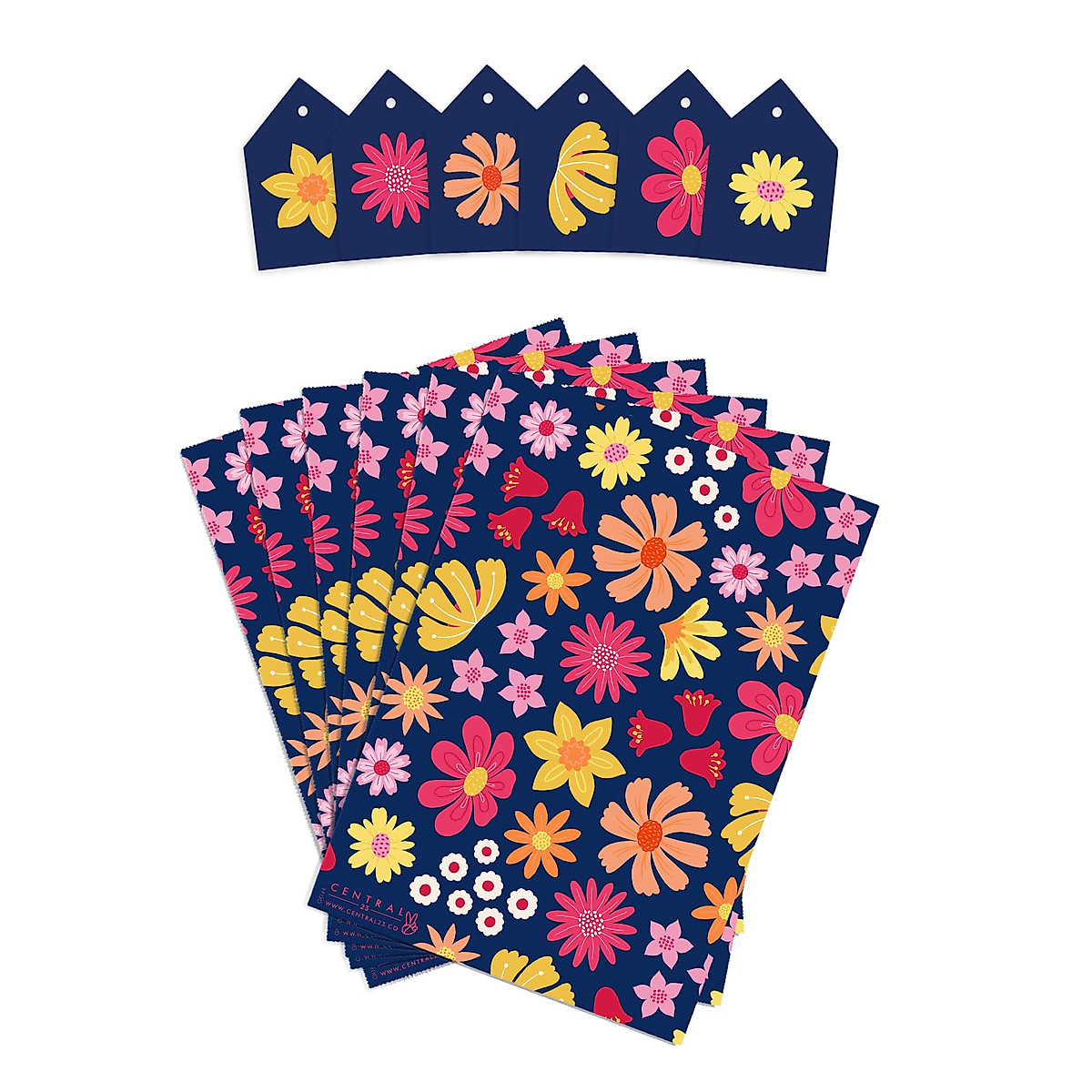 CENTRAL 23 Floral Wrapping Paper - Boho Wrapping Paper - 6 Sheets Blue Gift Wrap - Midnight Flowers - Hippie - Birthday Wrapping Paper For Women - Comes With Cute Stickers