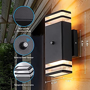 DAKAFUL 2 Pack Dusk to Dawn Sensor Wall Lights, Integrated LED Wall Sconce, 10W 2700K Aluminum Outdoor Lighting, Modern Exterior Light Fixture for Porch Patio Garage