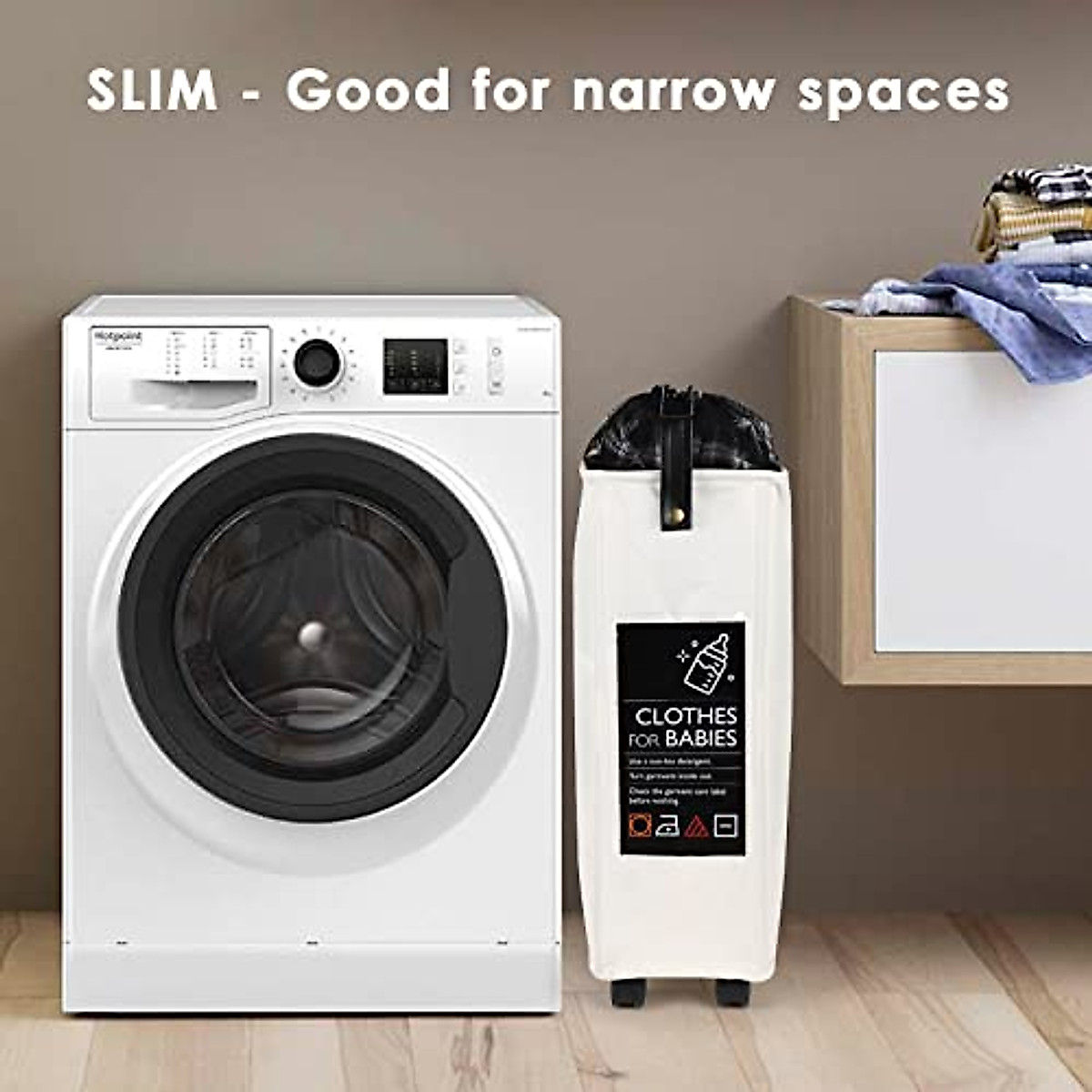 zzolee - Laundry Basket with Wheels, Slim Laundry Hamper with Laundry Cards, Ideal for Camper and Dormitory, 23x15x7.5 inch