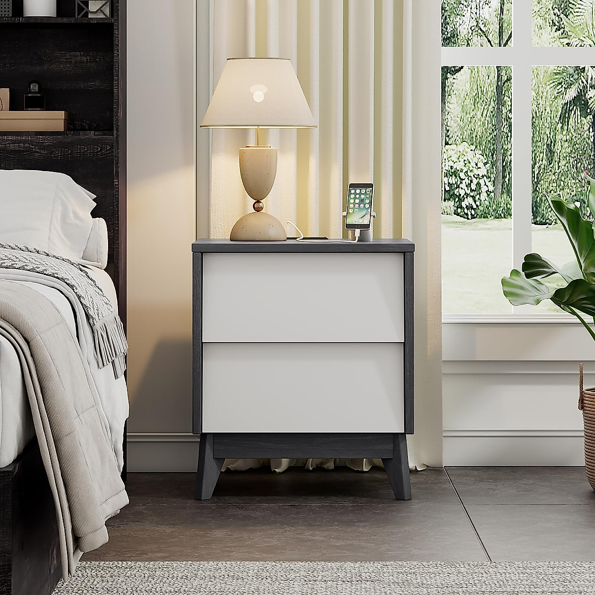 AMERLIFE Nightstands Set of 2, Mid-Century End Side Table with Beveled Drawers & Charging Station, Modern Storage Cabinet for Bedroom, Office, White & Black Walnut