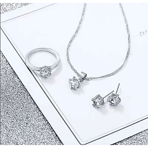 Bynetta Women 3 Pairs Jewelry Set 925 Sterling Silver Chain Necklace Earrings and Ring for Women for Party (3 Pcs White Gold)