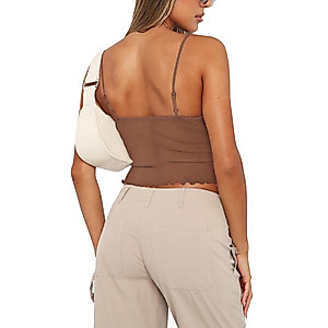 REORIA Women's Summer Sexy V Neck Sleeveless Adjustable Spaghetti Strap Sheer Mesh See Through Going Out Trendy Cami Camisole Y2k Crop Tops Coffee Small