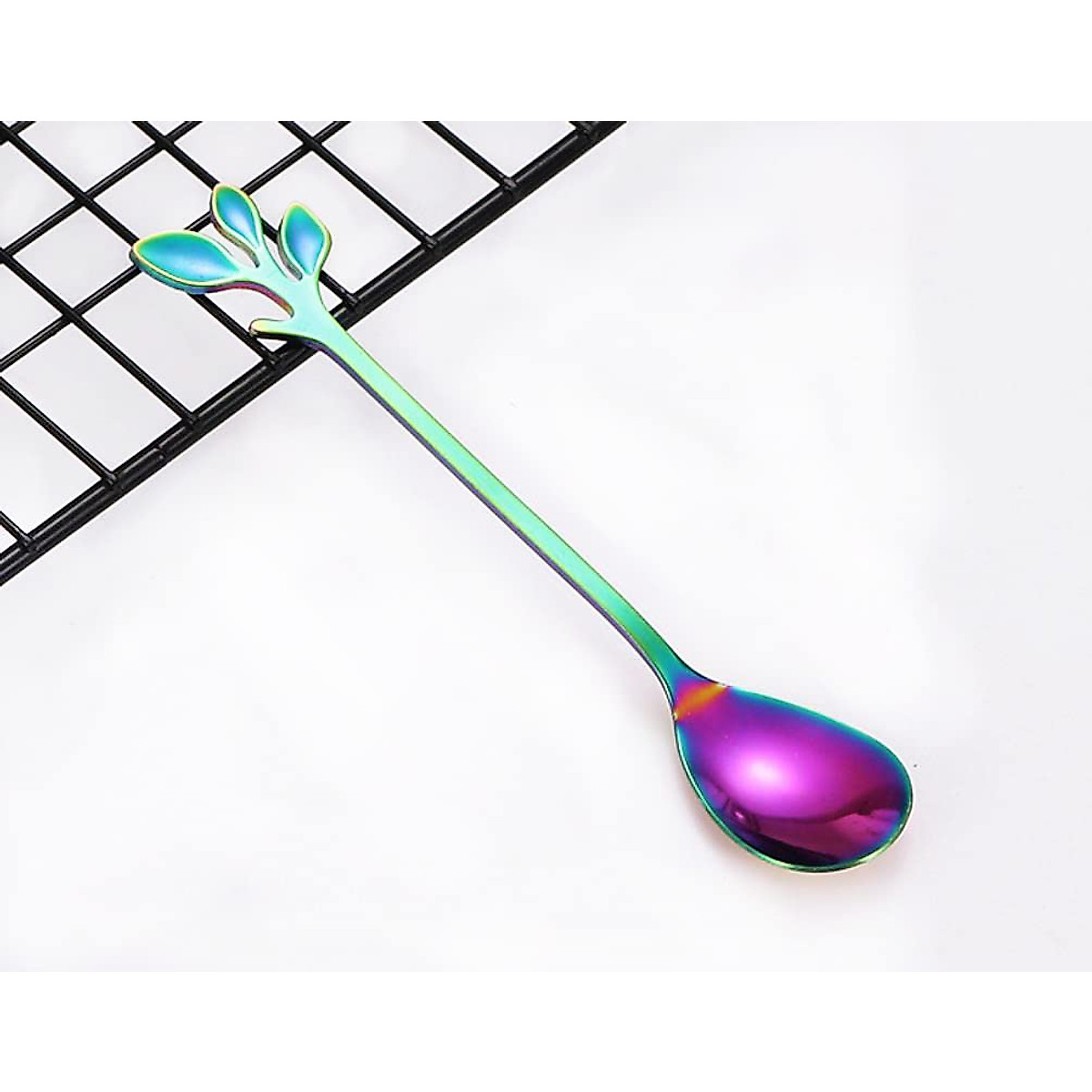 Anller 16 Pieces Stainless Steel Coffee Spoons Dessert Forks, Set of 8 Spoons 8 Forks, Rainbow