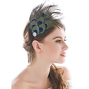 Aukmla Peacock Feather Headband Green 1920s Flapper Headpiece Rhinestones Costume Headdress Hair Accessories for Women and Girls