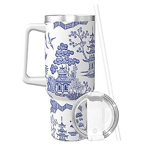 Xiexide 40oz Rustproof Hiking Tower Spring Chinese Folk Chinoiserie Style Double Walled Vacuum Insulatedith Handle And Straw,Hot & Cold Drinks