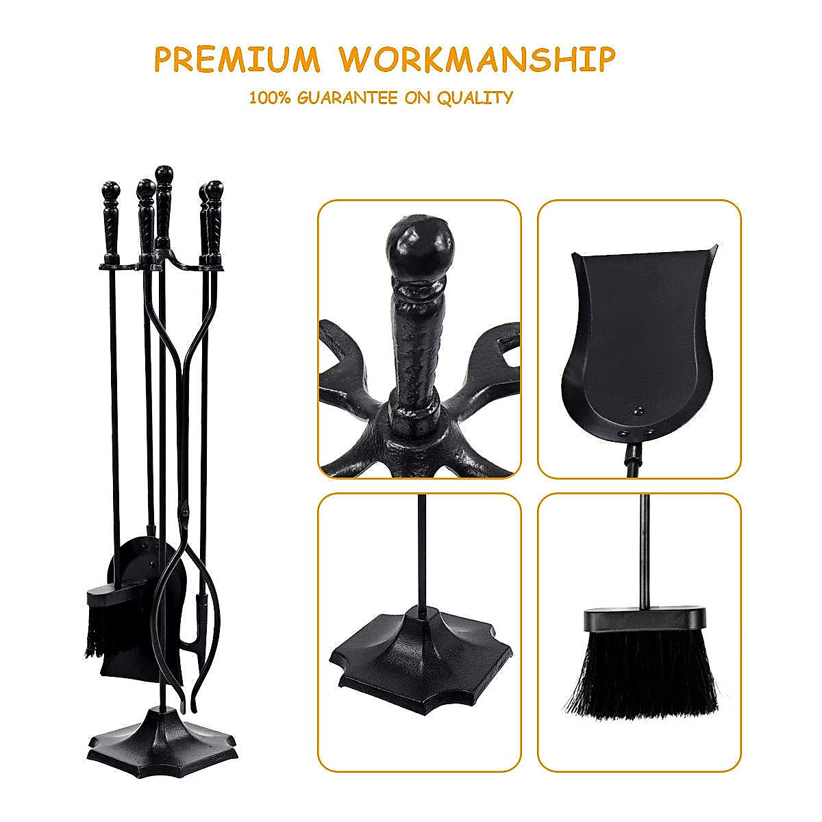 Tangkula 32 inch Fireplace Set 5 Piece Rustic Heavy Duty Compact Wrought Iron Fire Place Tool Set with Pedestal Place, Hearth Tool