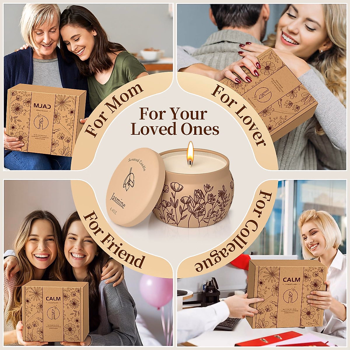 WarmEmbrace Scented Candles, 17.6oz Christmas Candles Presents for Mom Women Men, Candle Set, 120H Burning, Soy Candles for Home Scented, Lavender | Vanilla | Rose & Sandalwood | Jasmine - 4 Pack