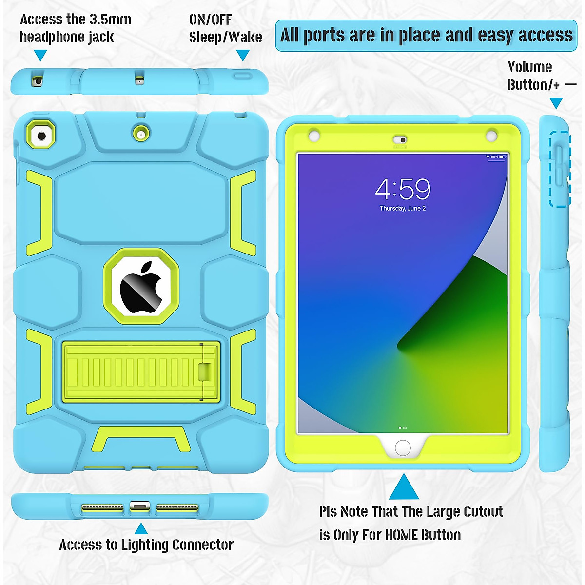 CCMAO for iPad 9th Generation Case, iPad 8th 7th Generation Case, iPad 10.2 Inch 2021/2020/2019 Case, Heavy Duty Rugged Shockproof Protective Cover with Kickstand for Kids Boys Girls, Blue+Yellow