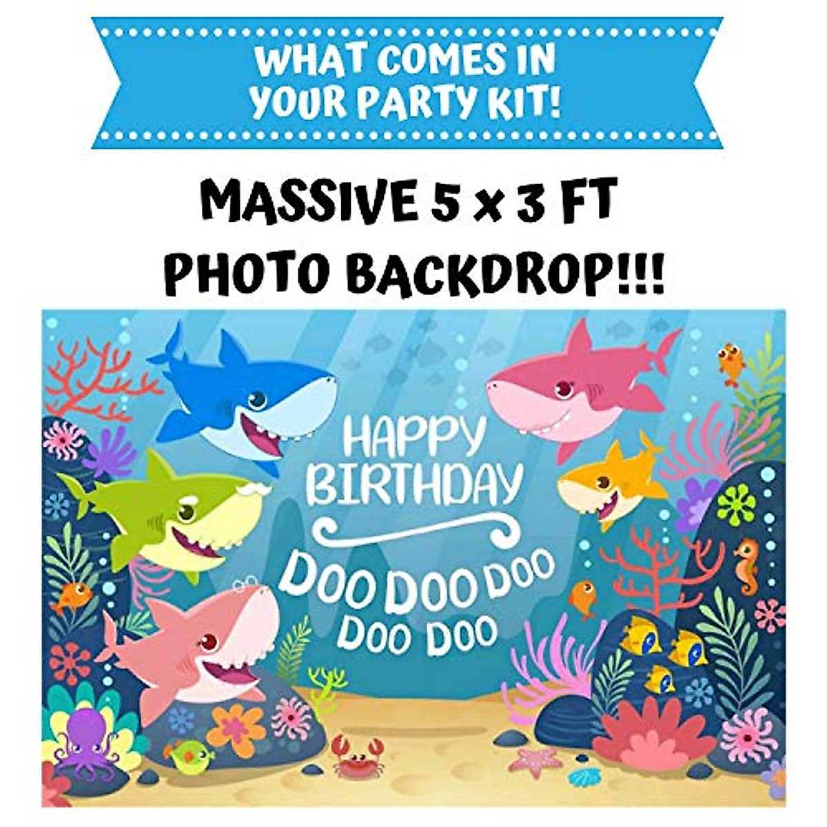 Baby Shark Birthday Party Decorations Kit - 124 Piece Shark Themed Party Supplies Set for Boys | Party Favors Include Disposable/Reusable Tableware Kit, 3' x 5' Photo Backdrop, Happy Birthday Banner, Shark Party Headbands and Balloons | Serves 20 Guests