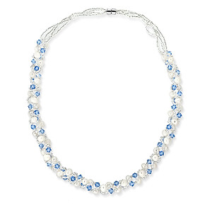 Gem Stone King 17 Inch White Cultured Freshwater Pearl and Blue Crystal Mash Necklace and Bracelet Set For Women (Necklace: 17 Inch, Bracelet: 6.5 Inch)