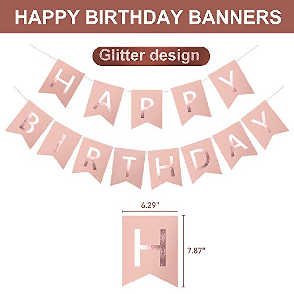 Rose Gold Birthday Party Decorations Set - Rose Gold Glittery Happy Birthday banner, Foil Swirls,Tissue Paper Pom Poms, Circle Dots Garland for Birthday Party Decorations,Girls Birthday