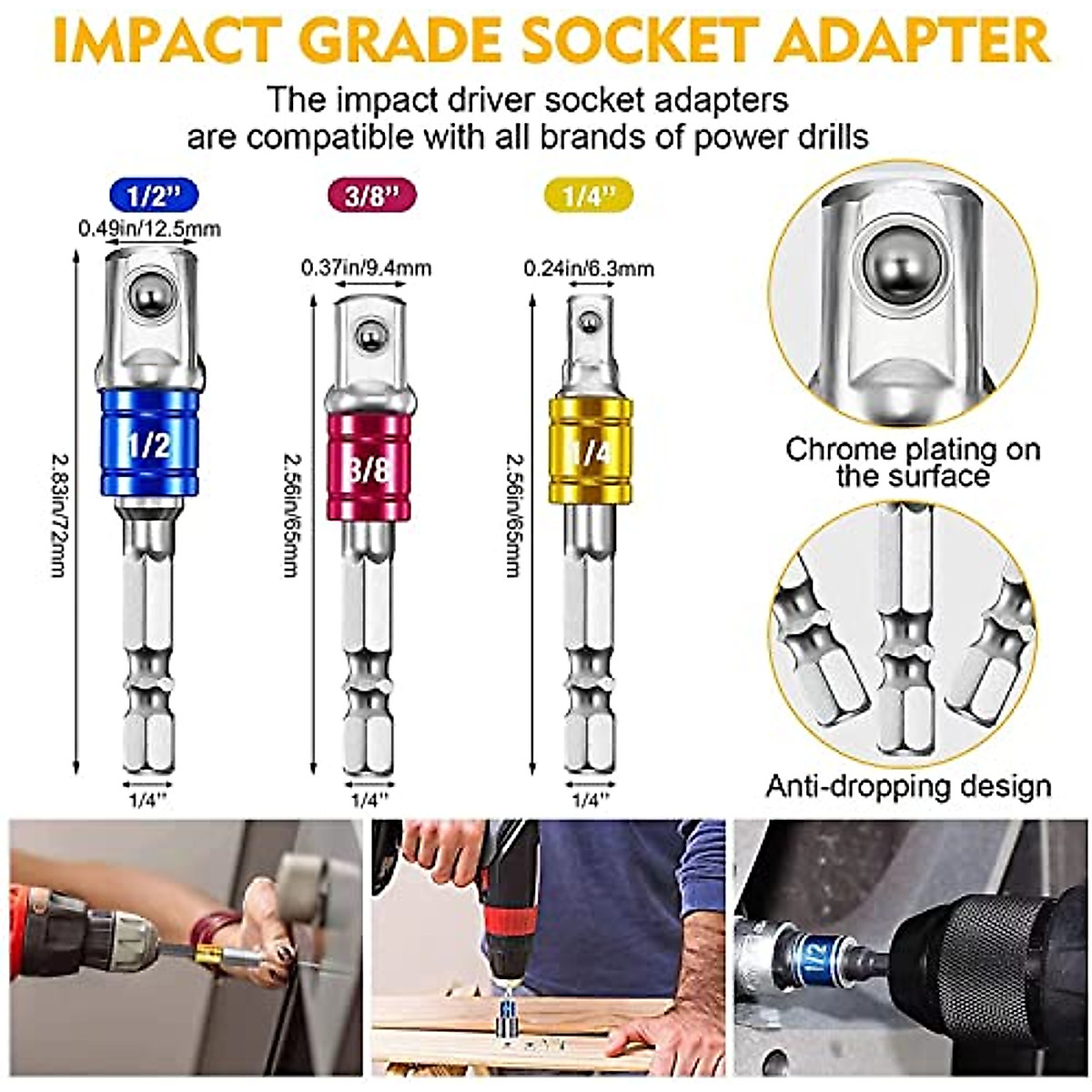 Flexible Drill Bit Extension Set, 105° Right Angle Drill Attachment, 1/4 3/8 1/2In Hex Shank Impact Driver Socket Adapter Rotatable Socket, Bendable Drill Bit Extension Screwdriver Bit