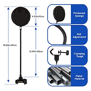 Microphone Pop Filter for Blue Yeti,Blue Snowball,Hyperx Quadcast, Shure and Other Mic,Professional Windscreen Mic Cover,Acoustic Mic Filter with Upgraded Thick Sponge,Enhanced Flexible 360° Gooseneck