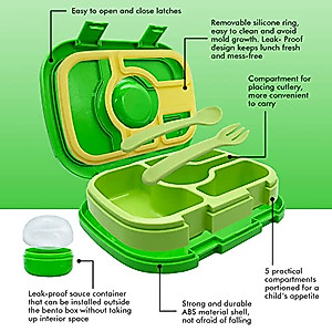 HCYWOC Bento Box for Kids - Leakproof 5 Compartments Bento Kids Lunch Box with Cutlery and Sauce Container - Ideal Portion Sizes for Ages 3 to 7 Kids Back to School, BPA-Free, Dishwasher Safe, Green