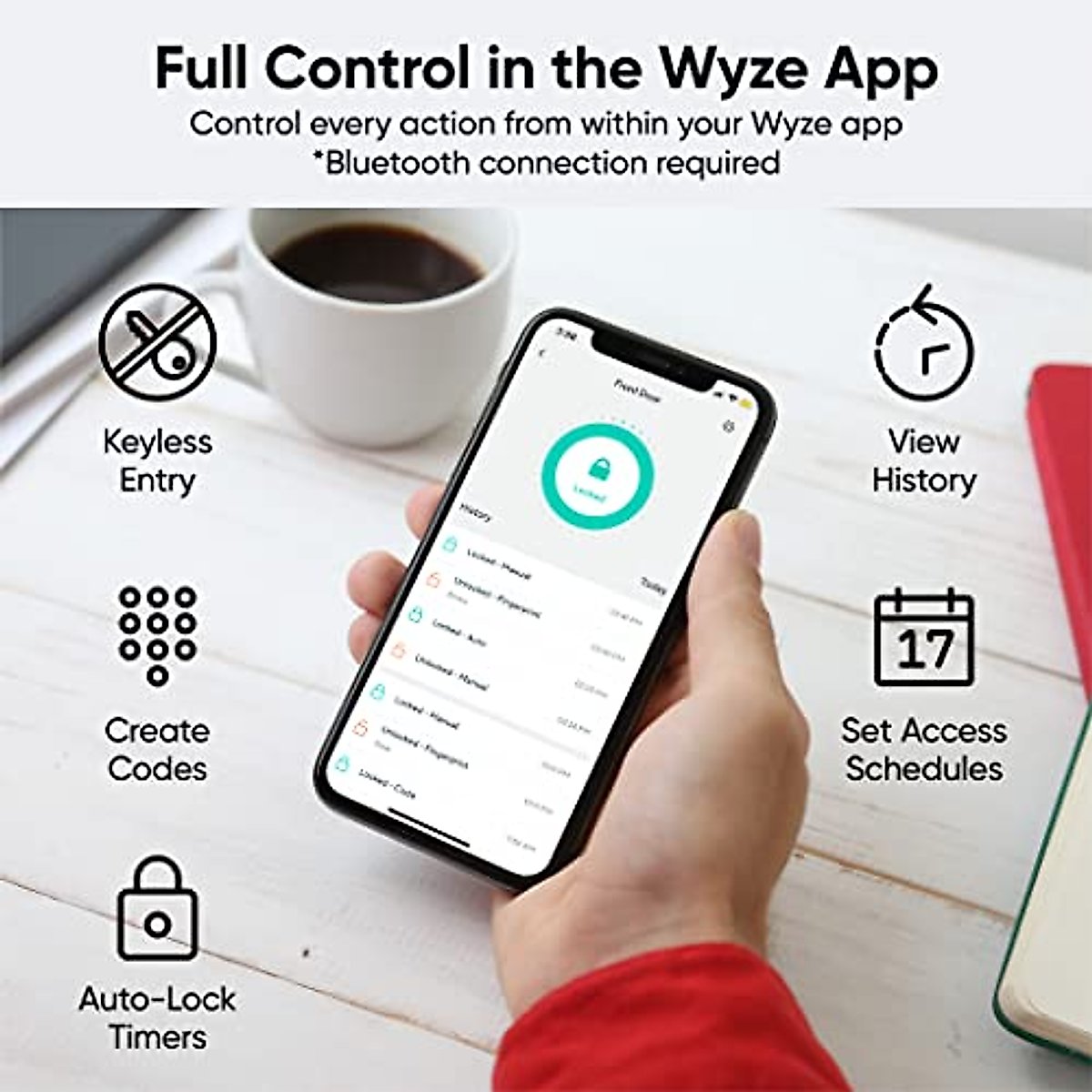 Wyze Lock Bolt, Fingerprint Keyless Entry Door Lock, Smart Bluetooth Deadbolt Replacement, Backlit Keypad, IPX5 Weatherproof, in-App History and Scheduled Access, Auto-Lock, BHMA, UL 20-Min Fire Rated