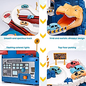 Race Track Toys for Kids Car Adventure Toy Dinosaur Climbing Hills Railcar with 4 Cars Colorful Vehicles Construction Play Set