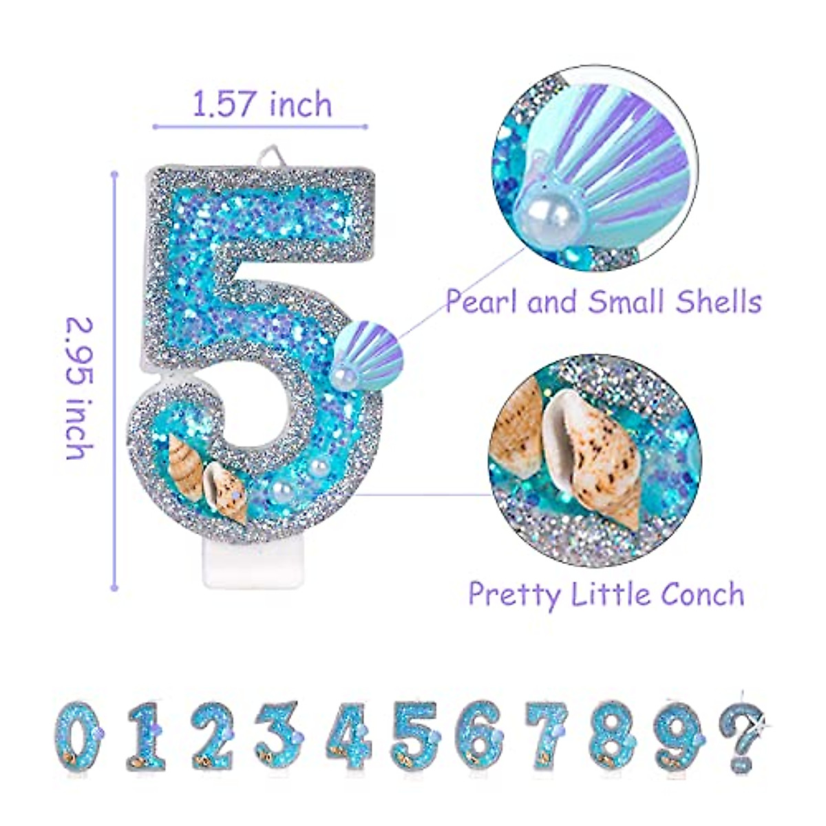 NKADKNS Birthday Candles, Number Candles (0-9) That Can Be Used in Combination. with Decorations Like Sea Shells, Conch, Pearls and More, Supplies for Anniversaries and Other Celebrations (5)