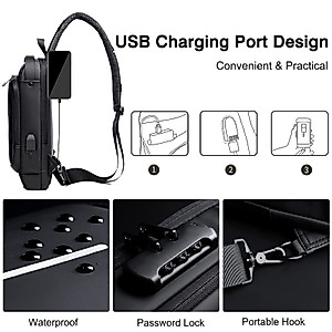 FANDARE Anti-theft Sling Bag Business Men Bag Chest Crossbody bags with USB Charging Port Waterproof Small Backpack for Outdoor Work Hiking Running Sport Travel Bag Black