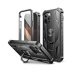 Dexnor Rugged Full Body Case for iPhone 12/12 Pro (6.1 inches) with Screen Protector & Ring Kickstand Car Mount, Slim Shockproof Protective Bumper Cover with Anti Dust Plugs (Black)