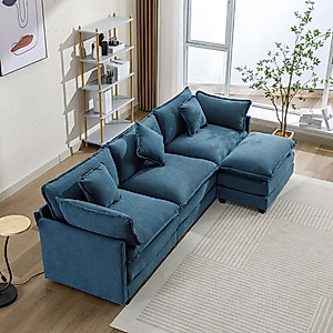 mikibama Modular Sectional Sofa, 112" L Shaped Sofa Set for Living Room, 3-Seater Comfy Upholstered Cloud Couches with Movable Ottoman, 5 Pillows, DIY Combination, Chenille, Blue