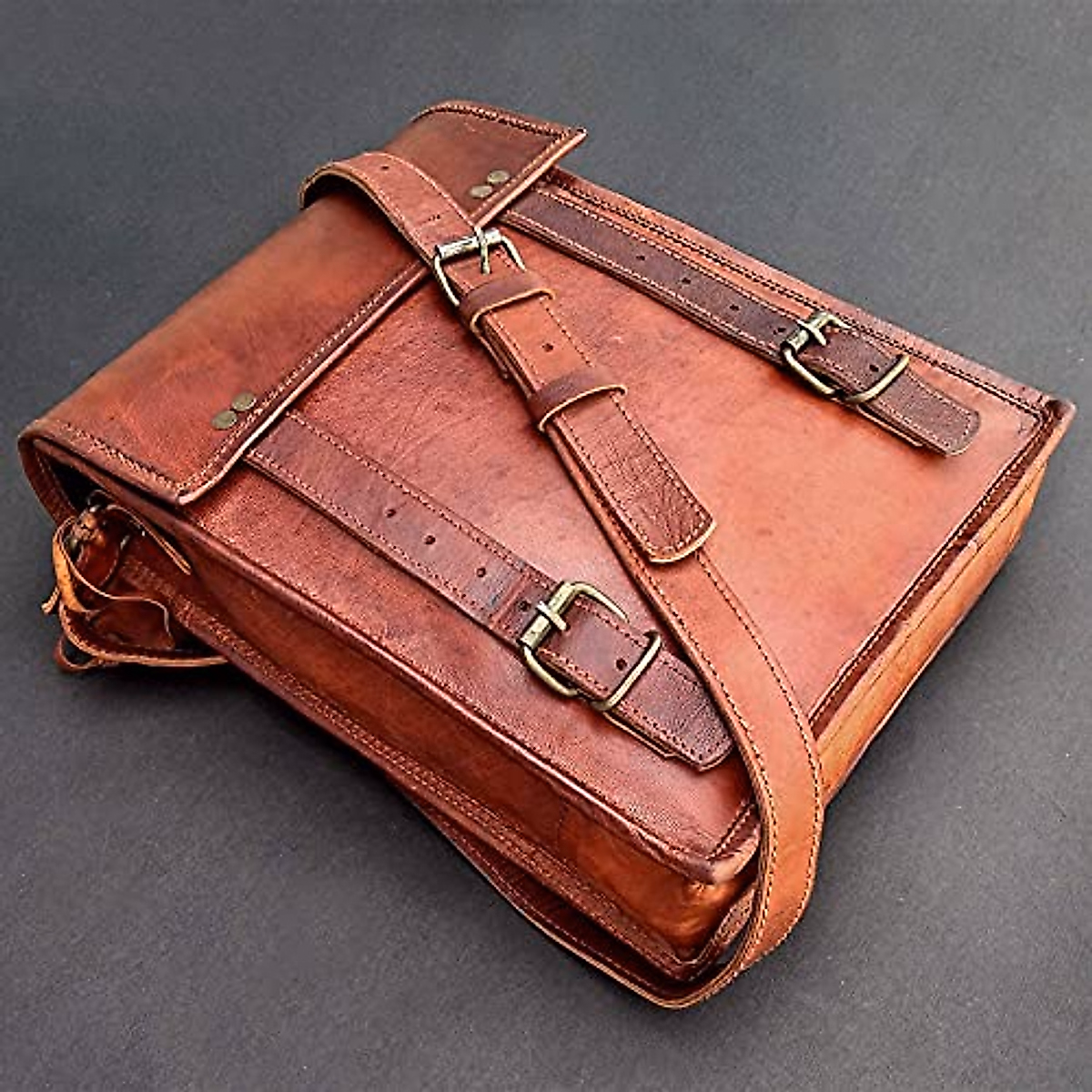 RUSTIC TOWN Leather Satchel iPad Tablet Bag - Leather Saddle Bag Purse - Small iPad (Upto 10.5-inch) Shoulder Bag for Men and Women (11 inches, Brown)