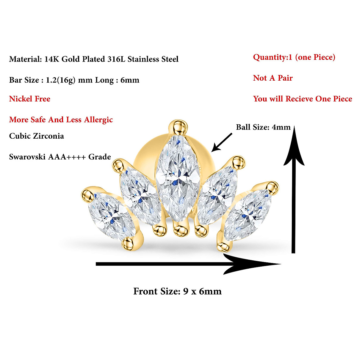 ONDAISY 14k Gold Plated Simulated Diamond Cz Heart Queen Bridal Mermaid Princess Crown Tiara Ear Studs Post Ball Earring Piercing For Women