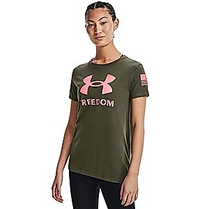 Under Armour Women's New Freedom Logo T-Shirt , Marine Od Green (390)/Cloudless Sky , Medium