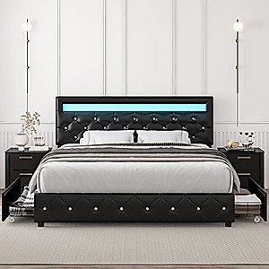 Keyluv Queen Upholstered LED Bed Frame with 4 Storage Drawers and Adjustable Crystal Button Tufted Headboard, Platform Bed with Solid Wooden Slats Support, No Box Spring Needed, Black