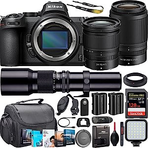 Camera Bundle for Nikon Z5 Mirrorless Camera with Z 24-70mm f/4 S, Z DX 50-250mm f/4.5-6.3 VR and 500mm f/8 Manual Focus Telephoto Lens + Accessories Kit (128GB, Deluxe Case, LED Light, and More)