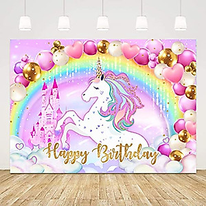 Unicorn Backdrop, Unicorn Photo Backdrops for Girls Birthday Photography 7x5ft, Rainbow Castle Pink Birthday Back Drops Background Banner Decorations for Girls Party Supplies Baby Shower Pictures