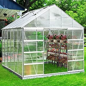 MELLCOM 12' x 10' x 10.3' Greenhouse for Outdoor, Outside Walk-in Hobby Green House for Plants with Polycarbonate Aluminum Frame, Adjustable Roof Vent and Sliding Door for Backyard Garden in Winter