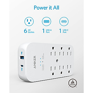 Anker Outlet Extender and USB Wall Charger, 6 Outlets and 2 USB Ports, 20W USB C Power Delivery High-Speed Charging iPhone 15/15 Plus/15 Pro/15 Pro Max, Multi-Plug for Dorm, Home, and Office, White