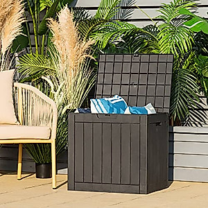 Giantex 30 Gallon Deck Box, Patio Cubby Storage Chest with Lockable Lid & Built-in Handles, Weather Resistant Organization Container for Garden, Wood Grain Texture Outdoor Storage Bin(Black)