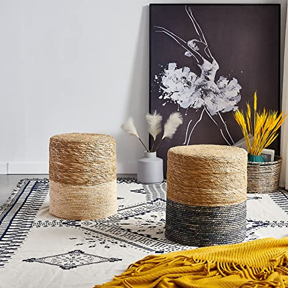 Wimarsbon Natural Seagrass Foot Stool, Hand Weaving Round Ottoman, Poof Pouffe Accent Chair, for Living Room, Bedroom, Nursery, kidsroom, Patio, Gym, Outdoor Seat - Natural & Blue