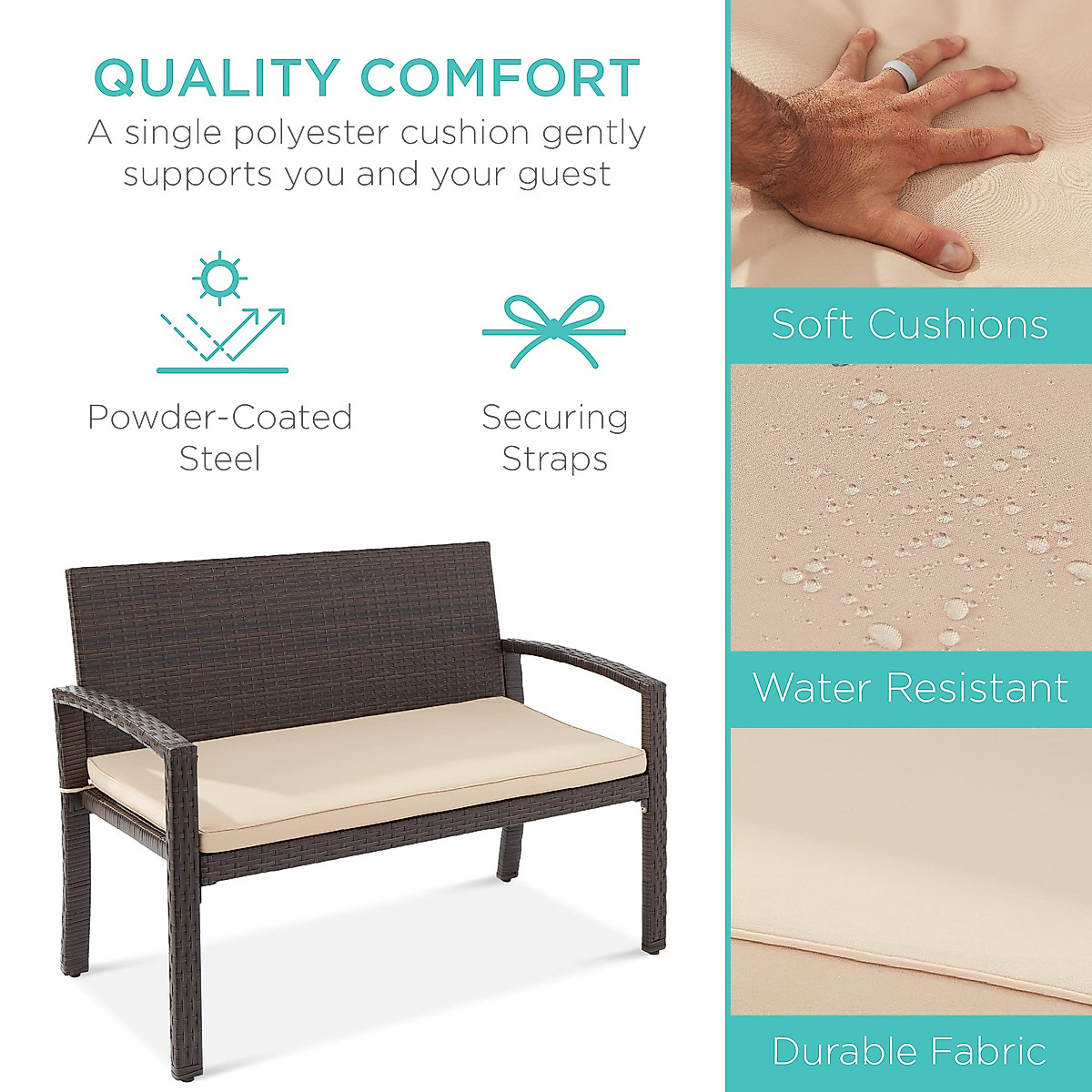 Best Choice Products Outdoor Bench 2-Person Wicker Garden Patio Benches Seating Furniture for Backyard, Porch w/Seat Cushion, 700lb Capacity - Brown/Tan