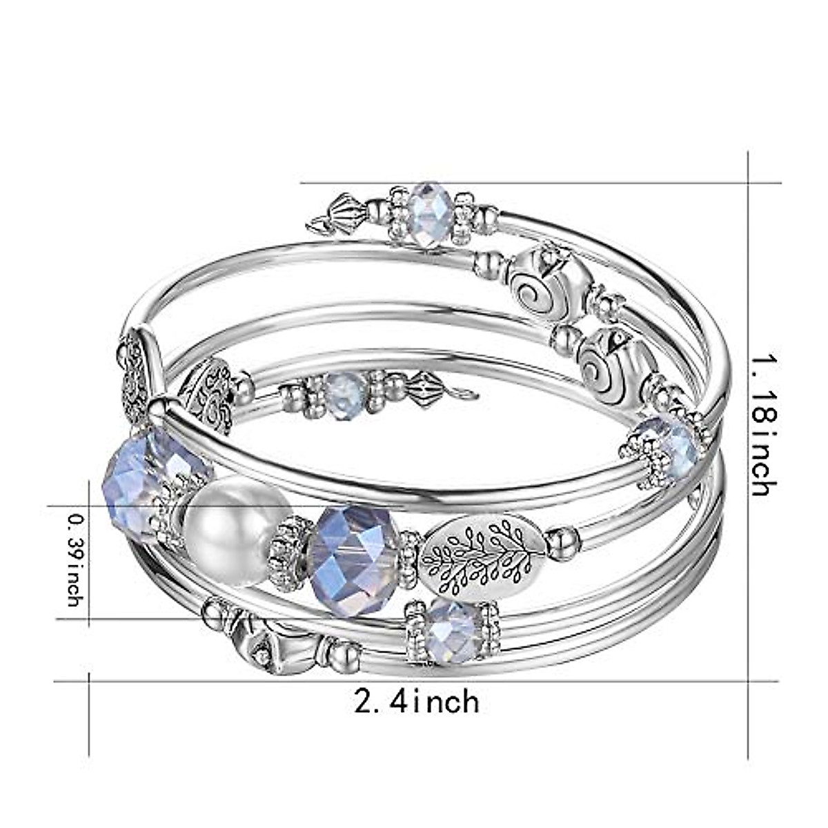 PEARL&CLUB Bead Crystal Wrap Bangle Bracelet - Fashion Jewelry Beaded Bracelet with Silver Metal, Gifts for Women(92-Blue)