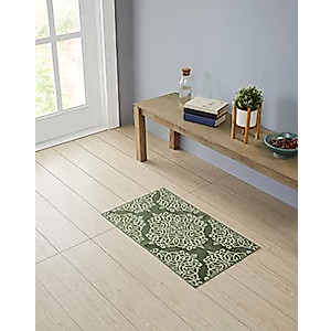 Dream Home | Medallion Collection | Green Damask Polyester Scatter Rug, 20" x 34"