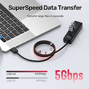 Unitek 4-Port USB 3.0 Hub, 4 Ft Long Cable USB Extension Multiple Port Splitter with Micro USB Charging Port Compatible for Windows PC, Laptop,Flash Drive,Wireless Mouse Keyboard 1.2 M - Black
