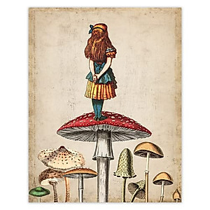 Whimsical Alice Atop Mushrooms Wall Art Print - 11x14 Unframed Picture For Home, Office, Classroom, Dorm, Living Room & Bedroom Decor - Creative Gift Idea For Alice Fans